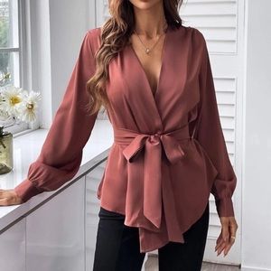 Tops | Luxe Dusty Blue Sexy Plunging V Neckline Belted Blouse | Poshmark